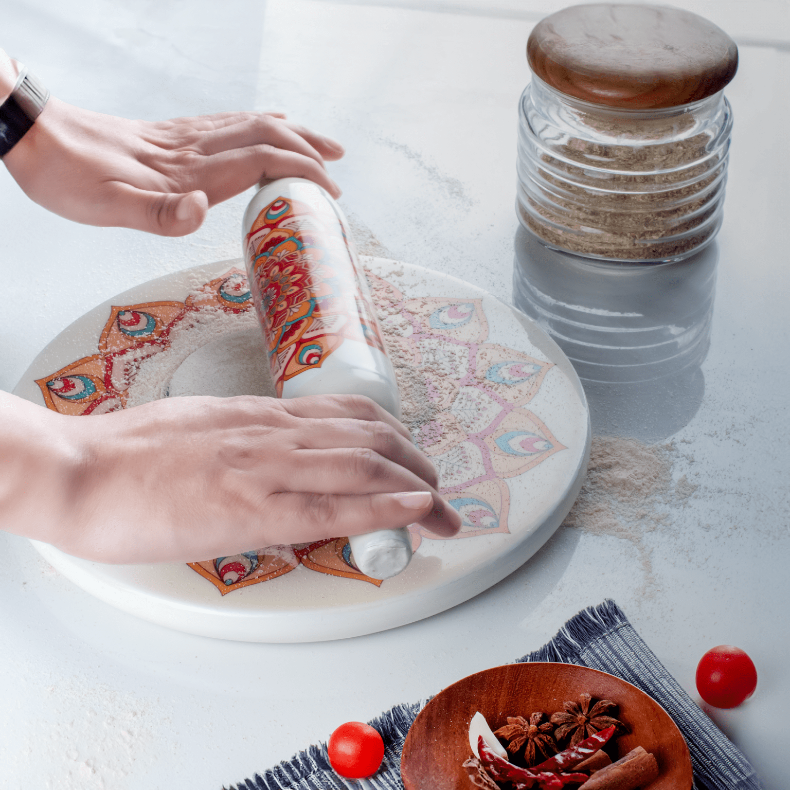 Roti Maker | Rolling Pin Board | White Marble Chakla Belan Floral Print ...