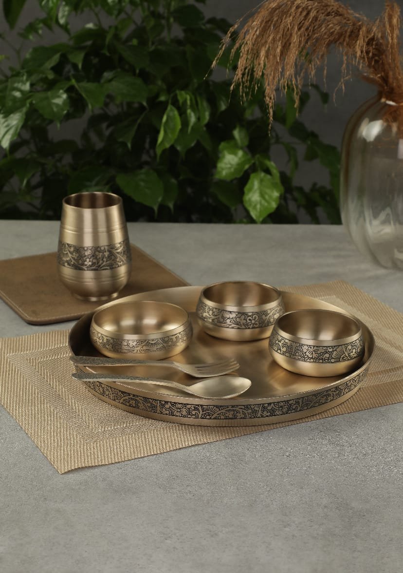Atya Luxury Bronze (Kansa) Dinnerware Set of 7 | Traditional Pattern ...