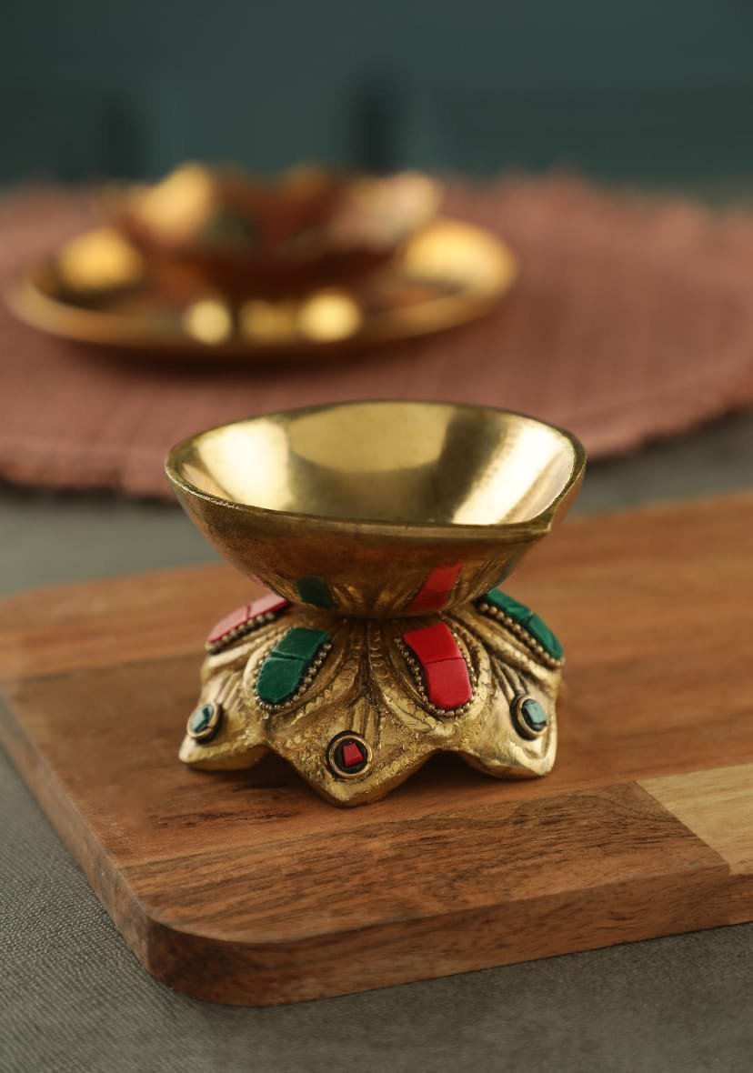 Atya Luxury Brass Diya with Colourful Stone | with Traditional ...